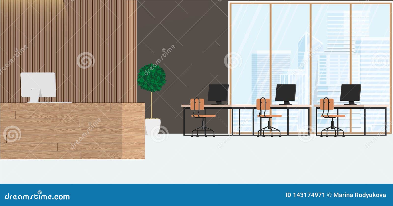 Modern Interior Design Office. Workspace with Large Windows with an ...