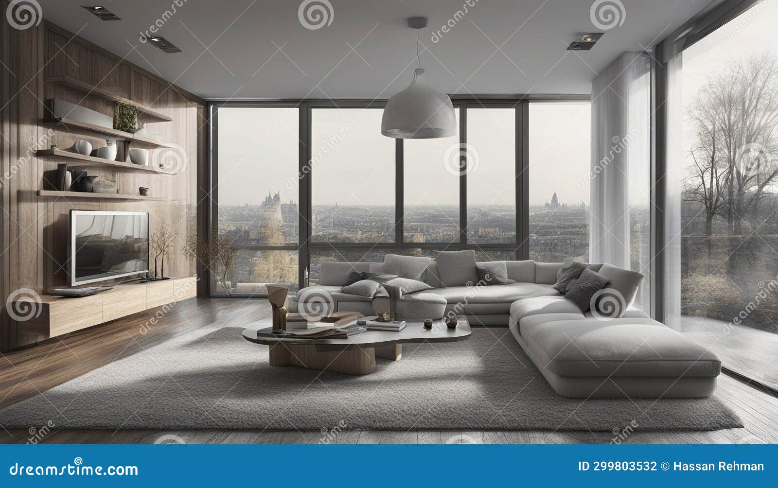 Modern Interior Design Room with Panoramic Windows Stock Illustration ...