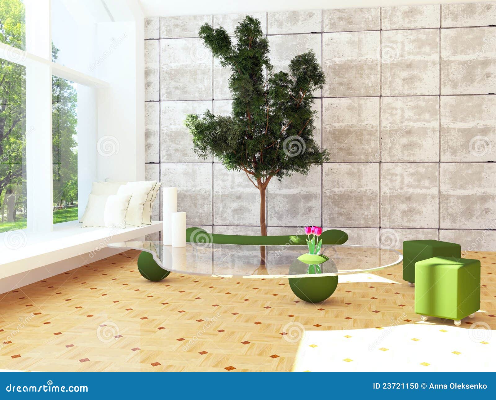 Modern Interior Design Scene with a Tree Inside Stock Illustration ...