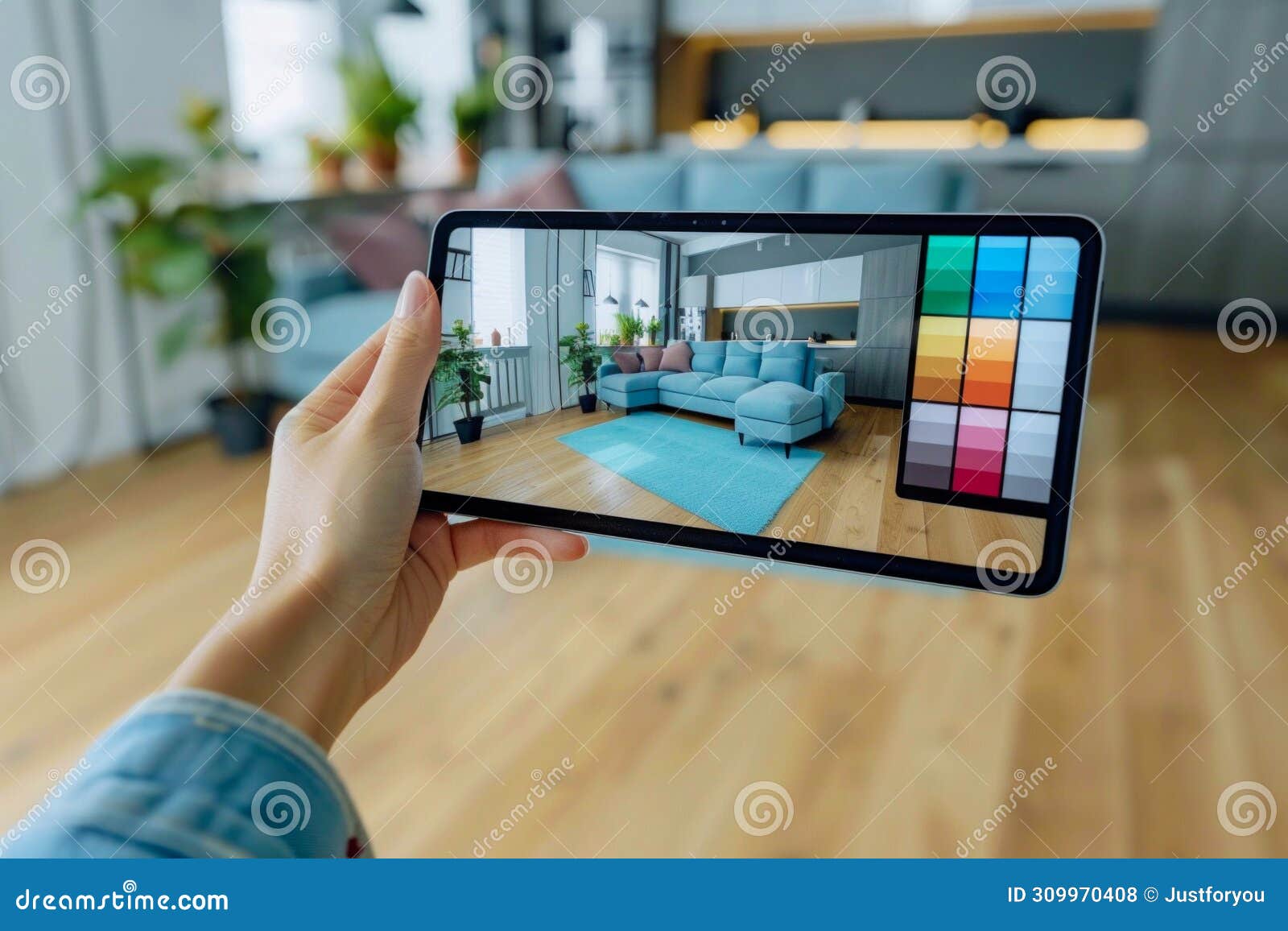 Modern Interior Design through Tablet Screen. Generative Ai Stock ...