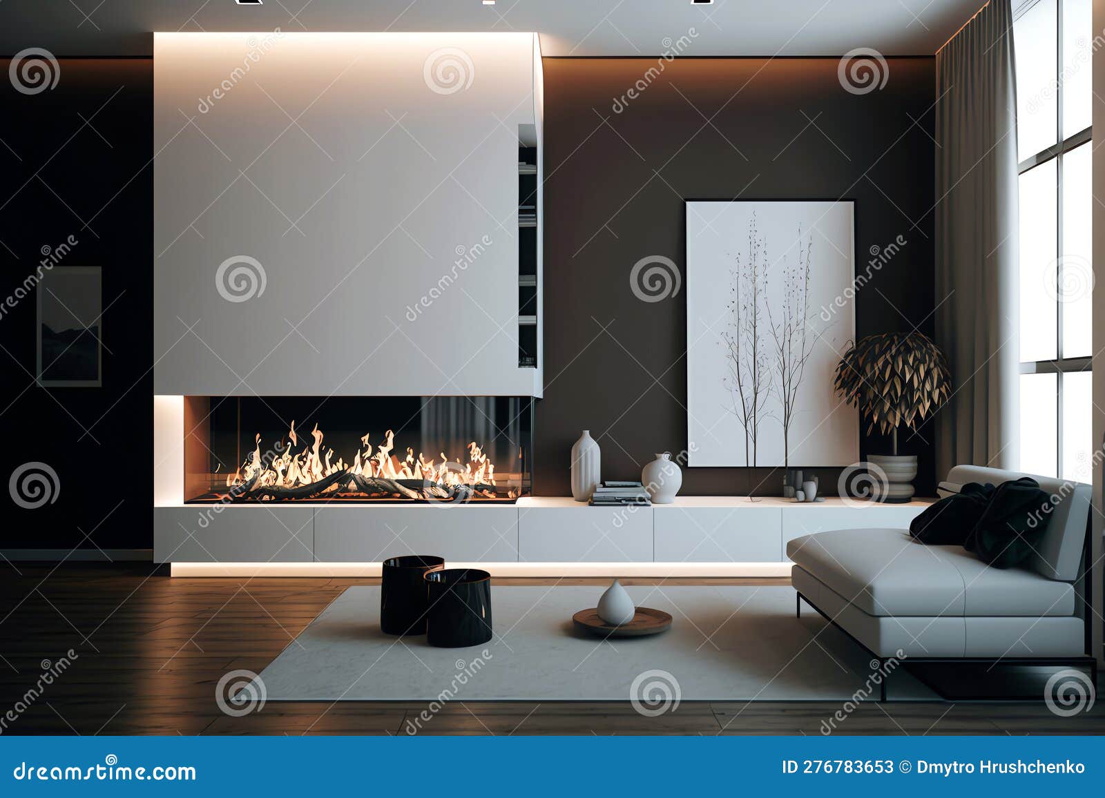Modern Interior with Electric Fireplace. Artificial Fireplace with ...