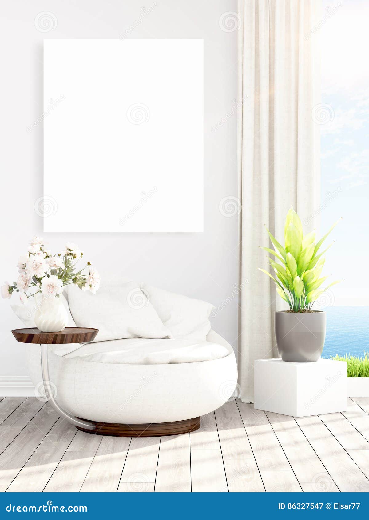 Modern Interior with Empty Frame . 3D Rendering Stock Illustration - Illustration of decorative ...