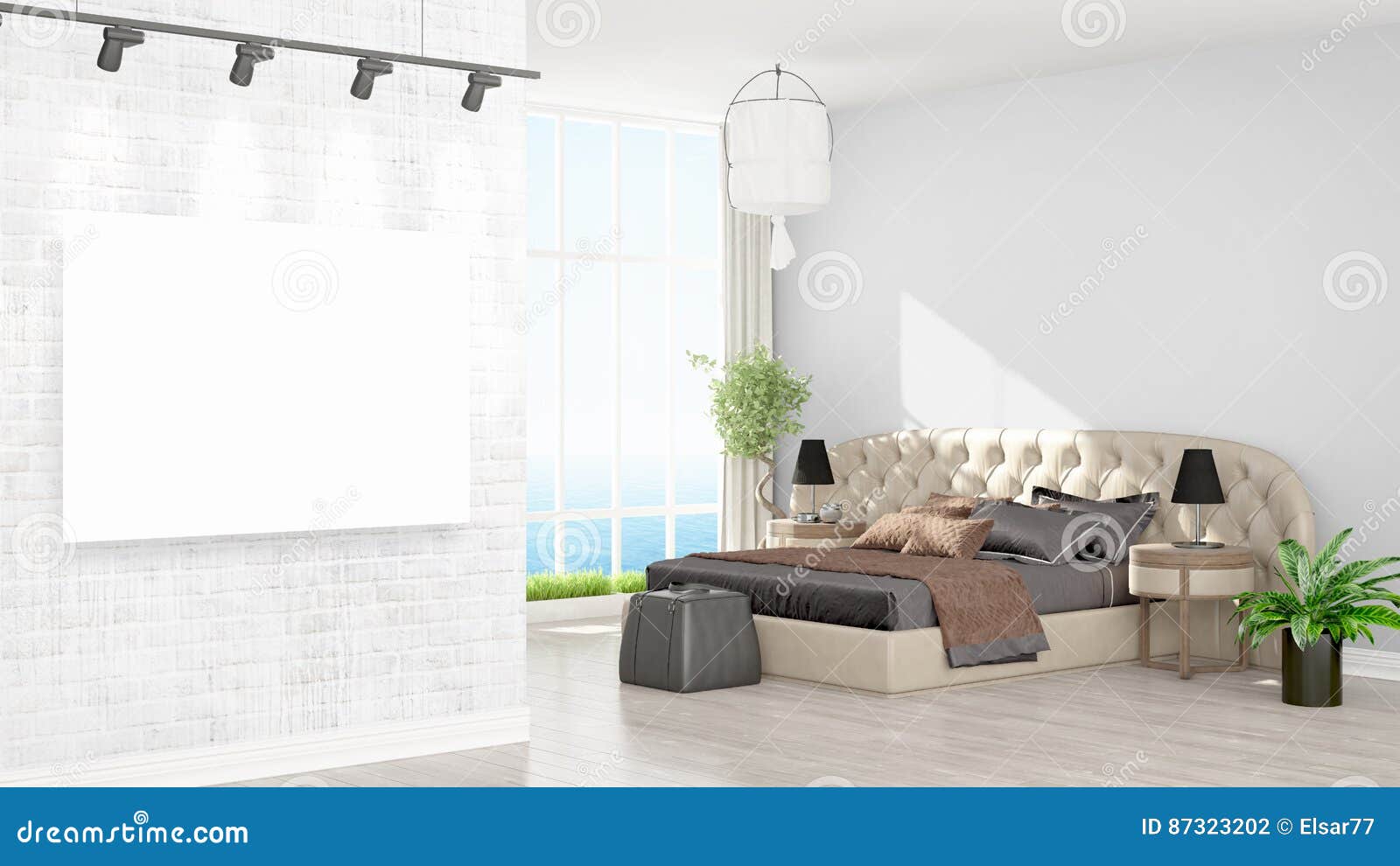 Modern Interior with Empty Frame . 3D Rendering Stock Illustration - Illustration of house ...