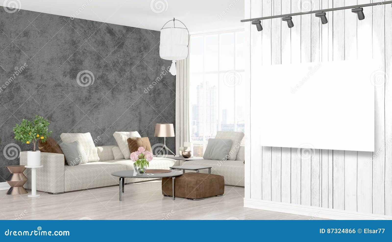 Modern Interior with Empty Frame . 3D Rendering Stock Illustration - Illustration of green ...