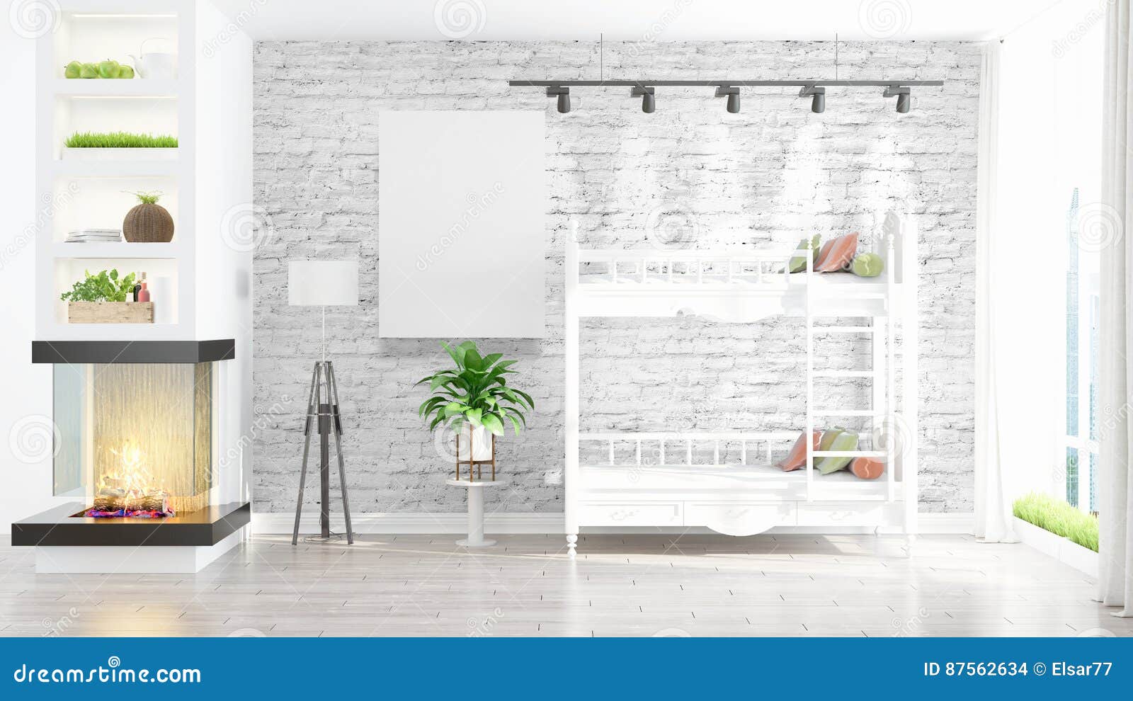 Modern Interior with Empty Frame . 3D Rendering Stock Illustration - Illustration of brick ...