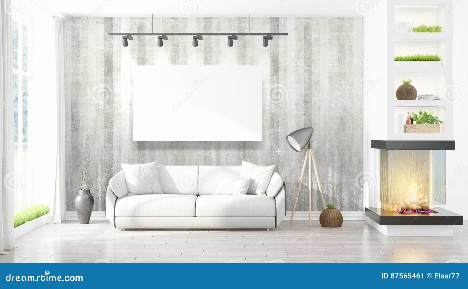 Modern Interior with Empty Frame . 3D Rendering Stock Illustration - Illustration of mockup ...
