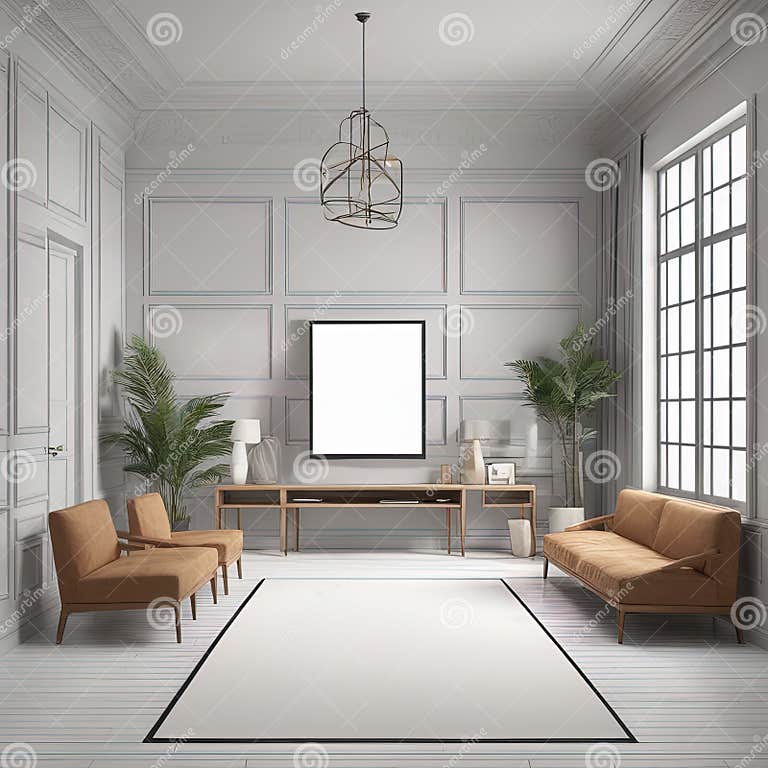 Modern Interior with Empty Frame Modern Bright Living Room Interior ...