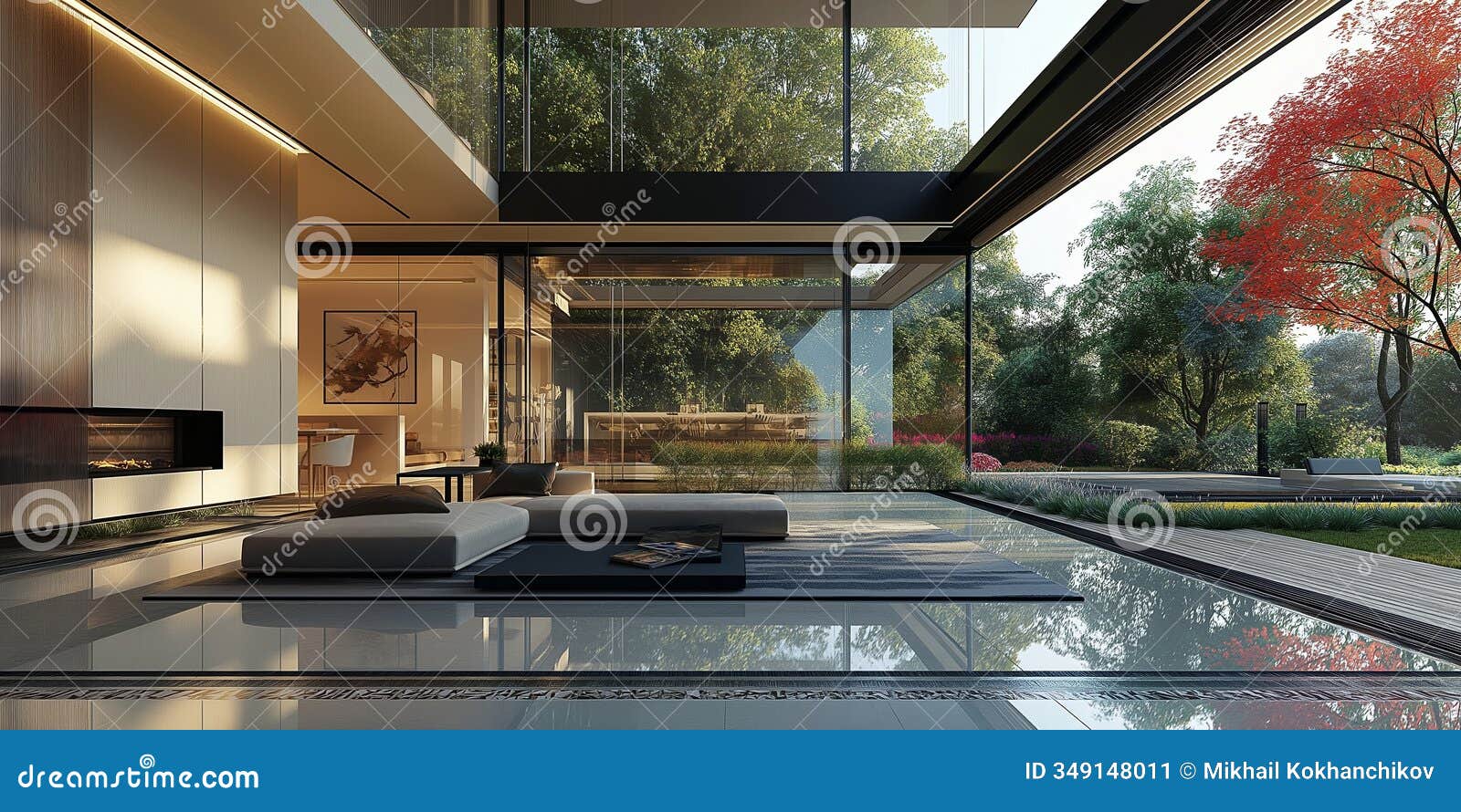 Modern Interior with Glass Walls and Windows Stock Image - Image of ...