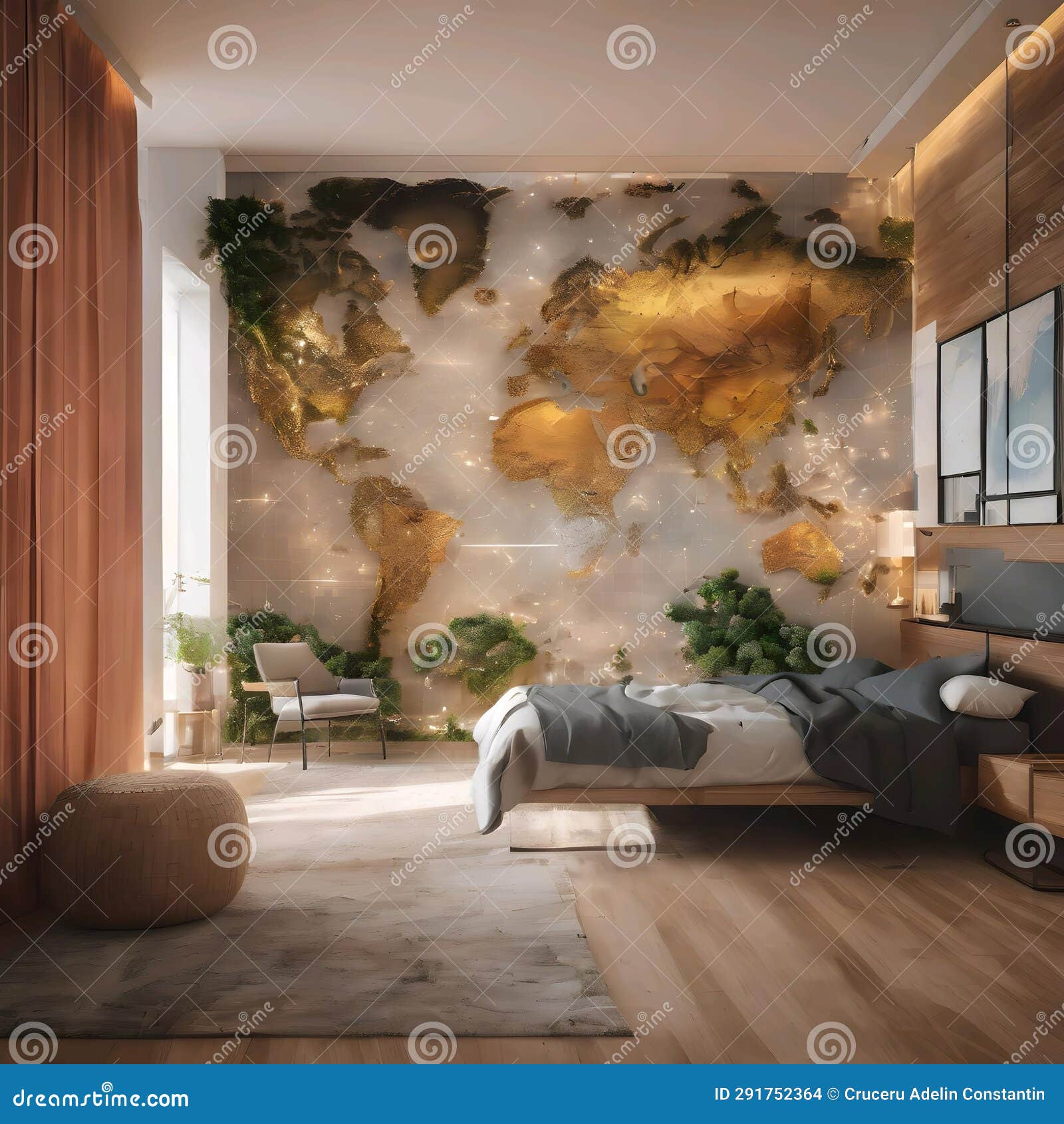 Modern Interior House with Map on the Wall Stock Illustration ...