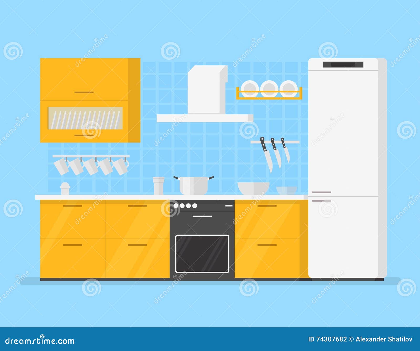 Modern Interior Kitchen Room in Yellow Tones. Cartoon Illustration ...