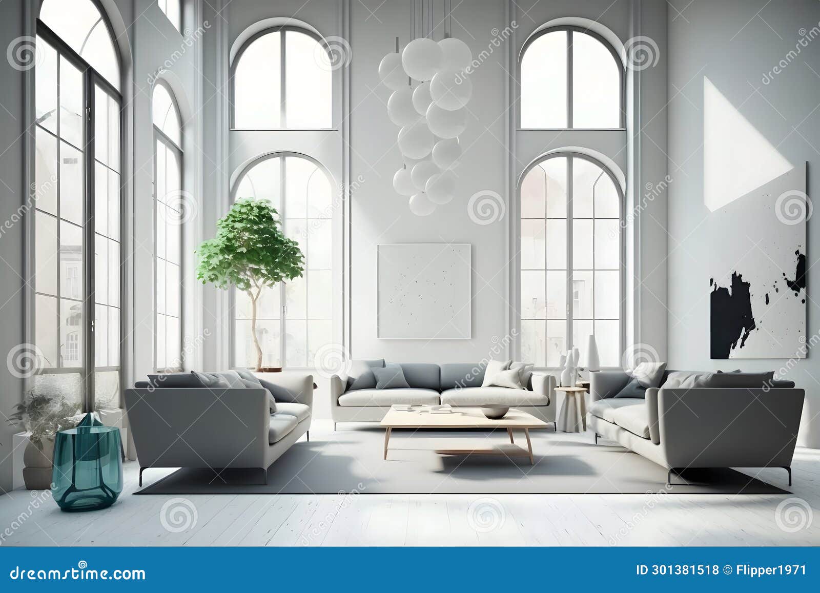 Modern Interior Of A Large Bright Living Room - High Ceilings And Large ...