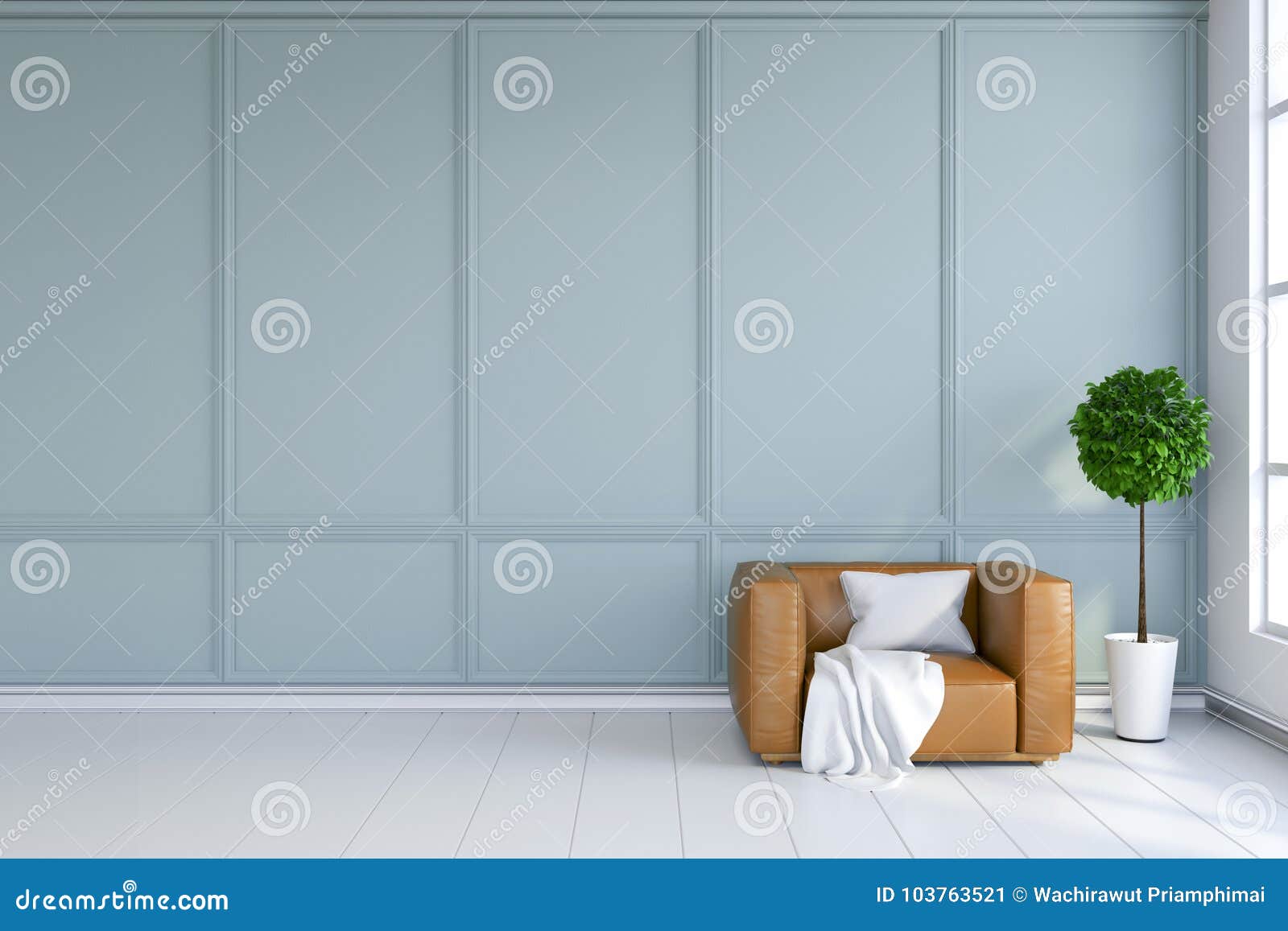 Modern Interior Design,leather Sofa on White Flooring and Blue Frame ...