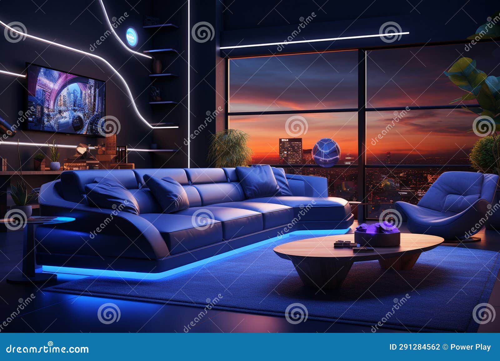 Modern Interior of Living Room. with Neon Light. 3D Rendering Stock ...