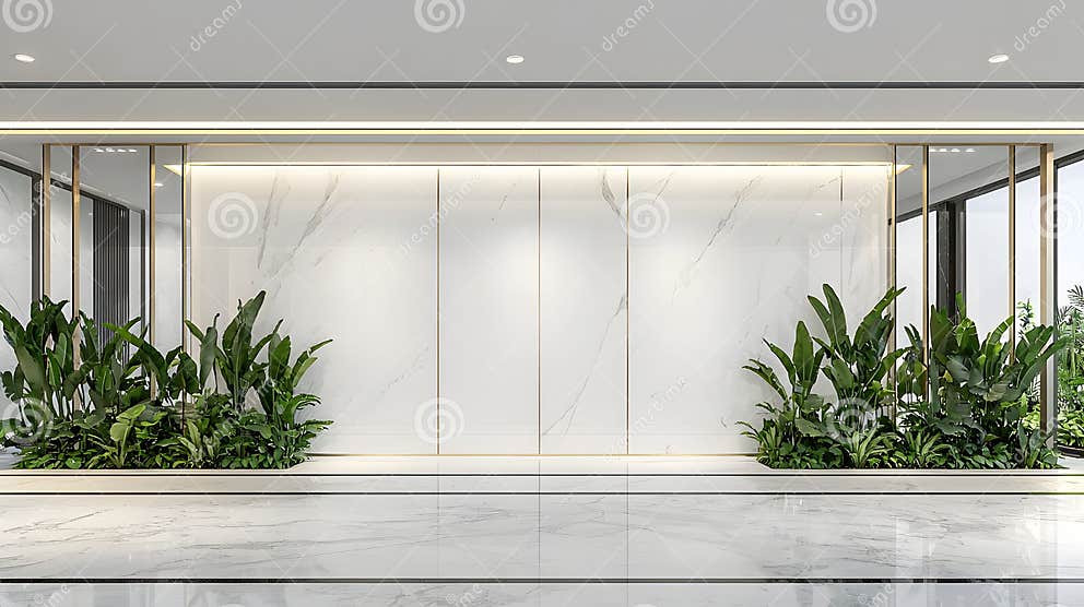 Modern Interior with Lush Greenery and Marble Finish Stock Illustration ...