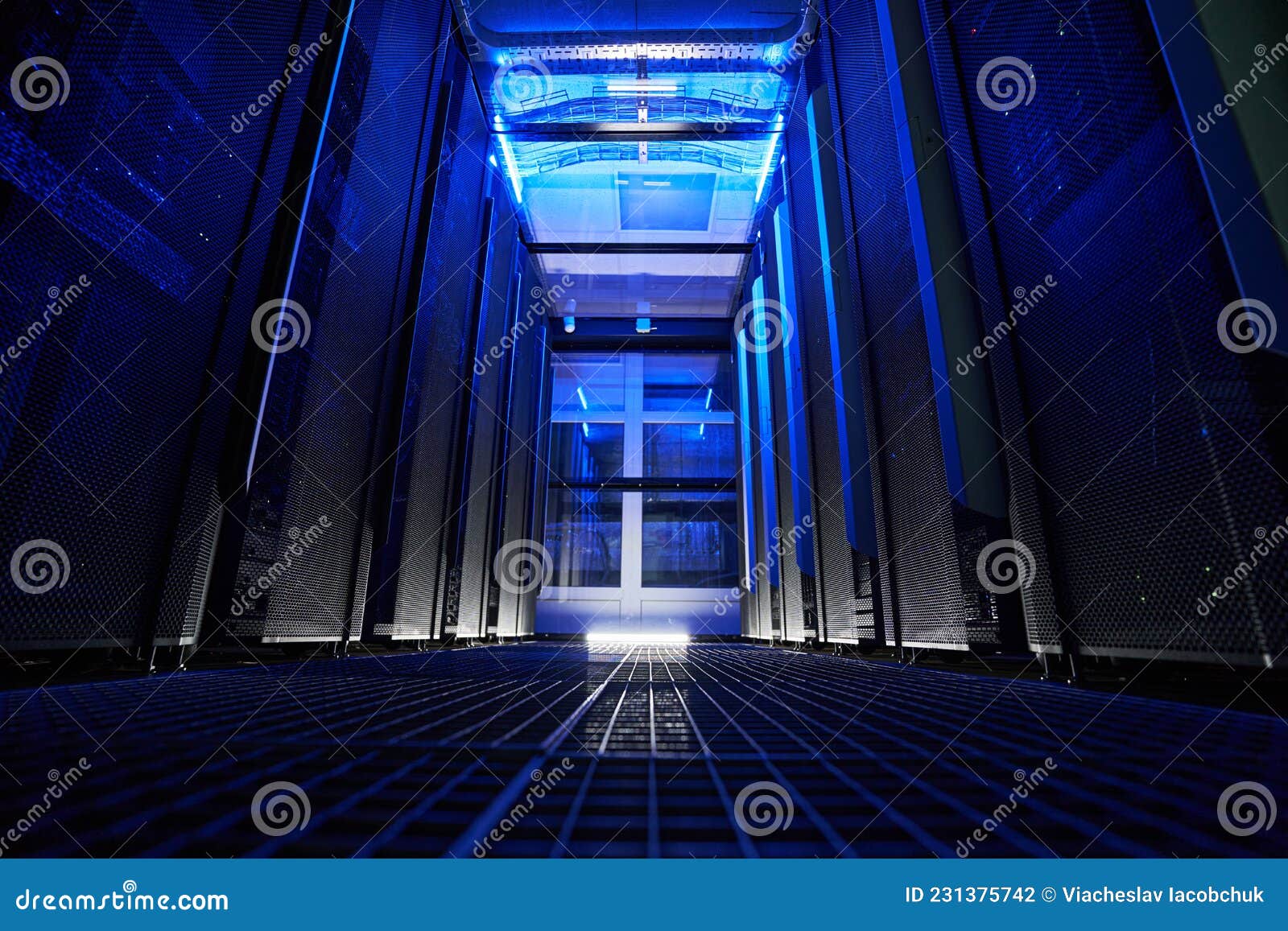 Modern Interior of Mainframe with Blue Neon Stock Photo - Image of ...