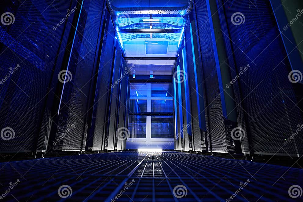 Modern Interior of Mainframe with Blue Neon Stock Photo - Image of ...