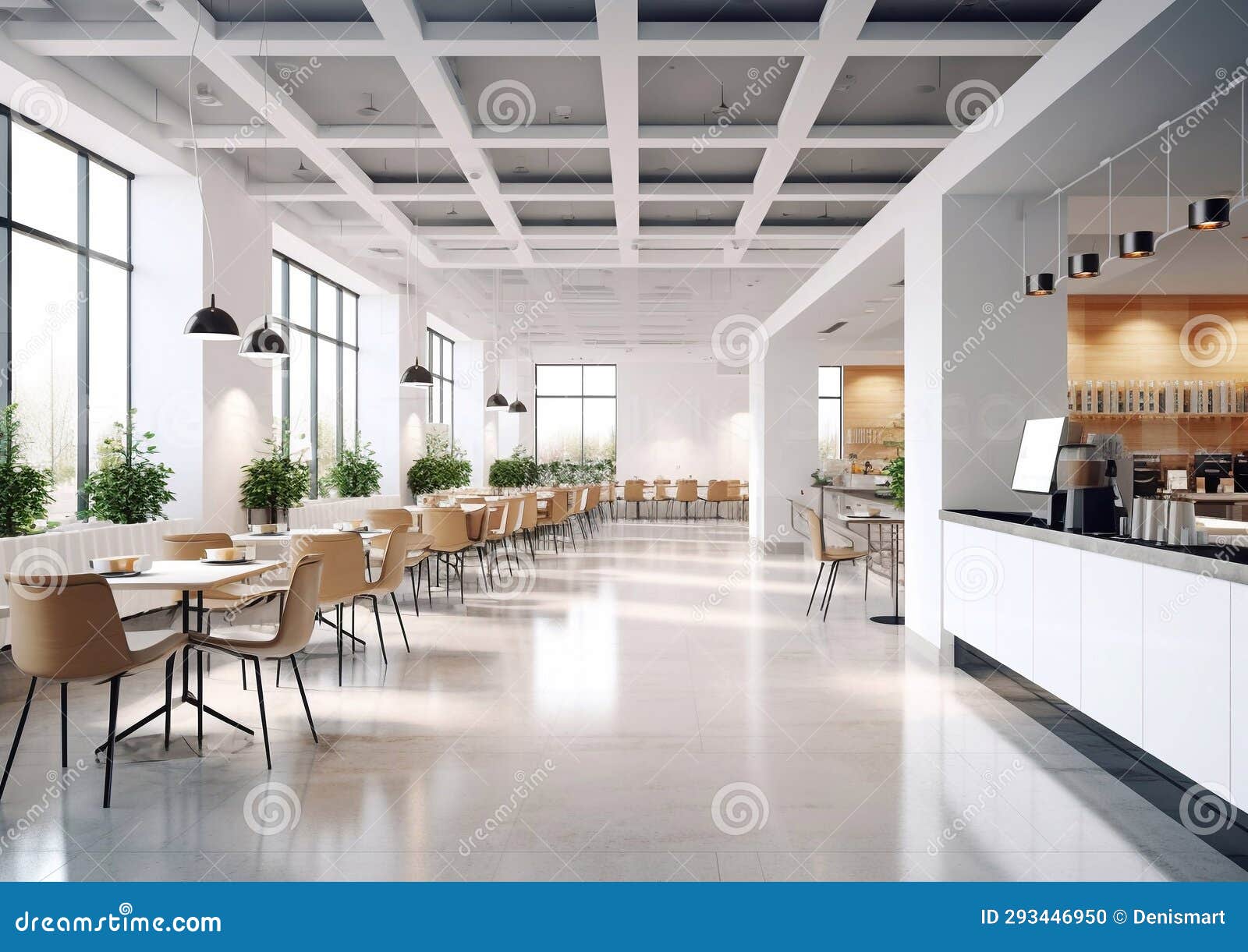 Modern Interior Office Building Cafeteria with Large Windows.Empty.AI ...