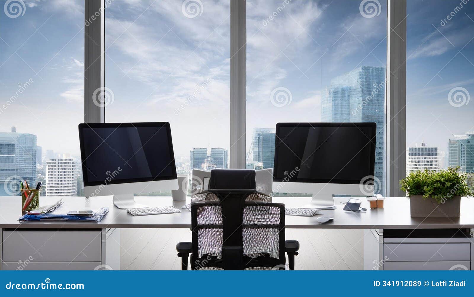Modern Interior Office with Computers on Desk Stock Illustration ...
