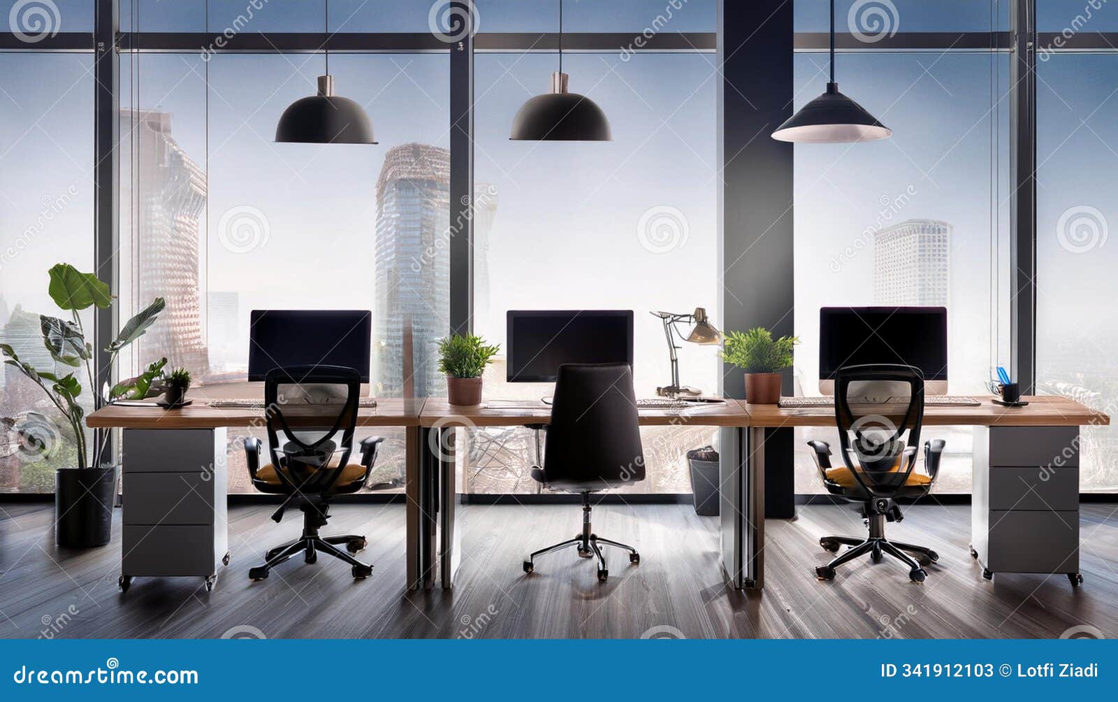 Modern Interior Office with Computers on Desk Stock Illustration ...