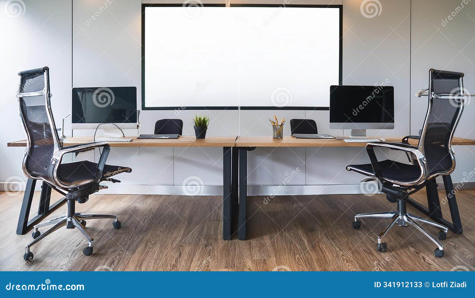 Modern Interior Office with Computers on Desk and Blank Wall Stock ...