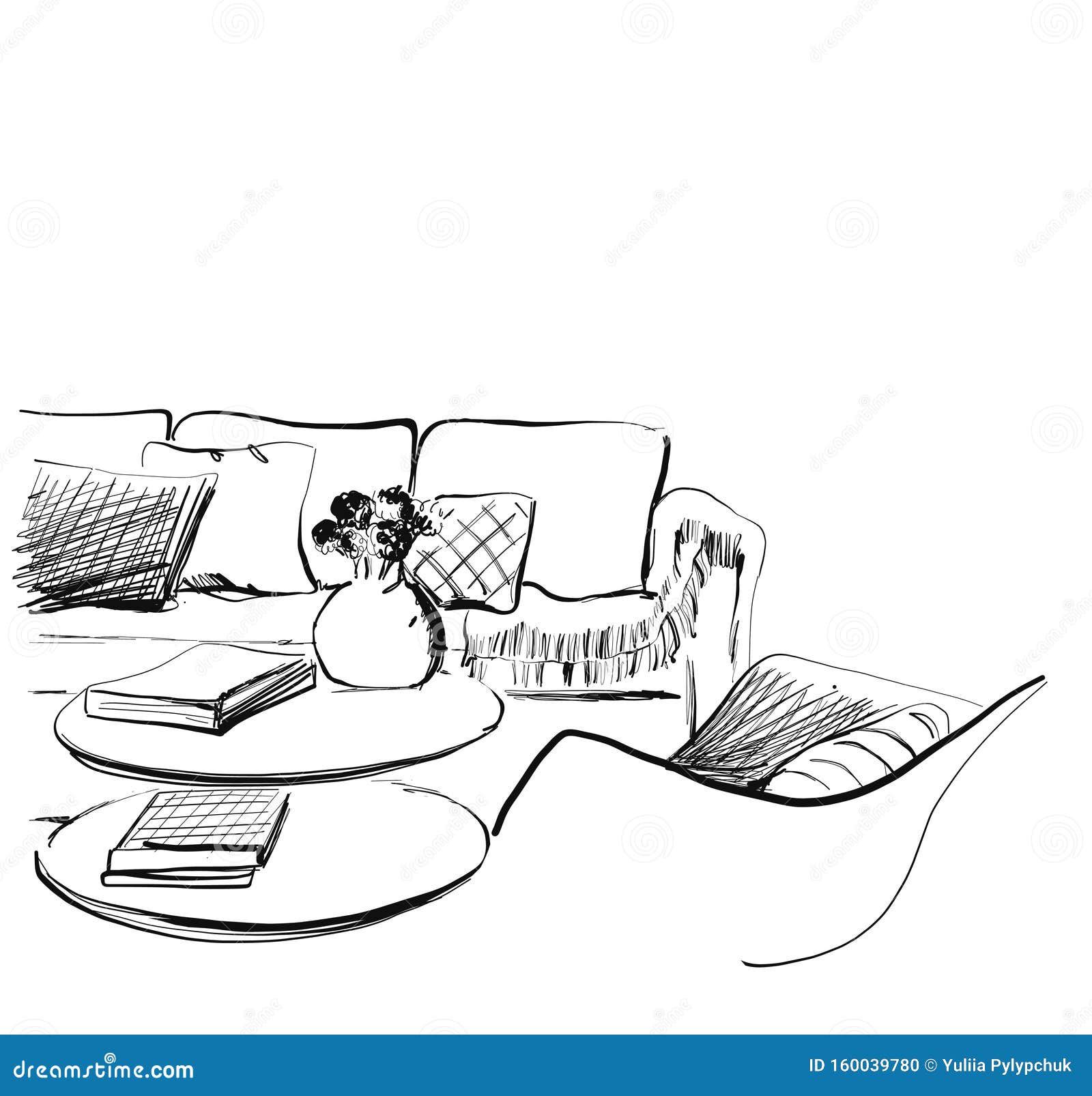 Modern Interior Room Sketch. Hand Drawn Sofa, Chair and Table Stock ...