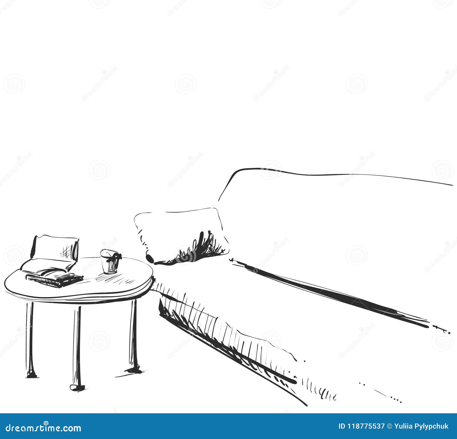 Modern Interior Room Sketch. Hand Drawn Sofa and Table Stock Vector ...