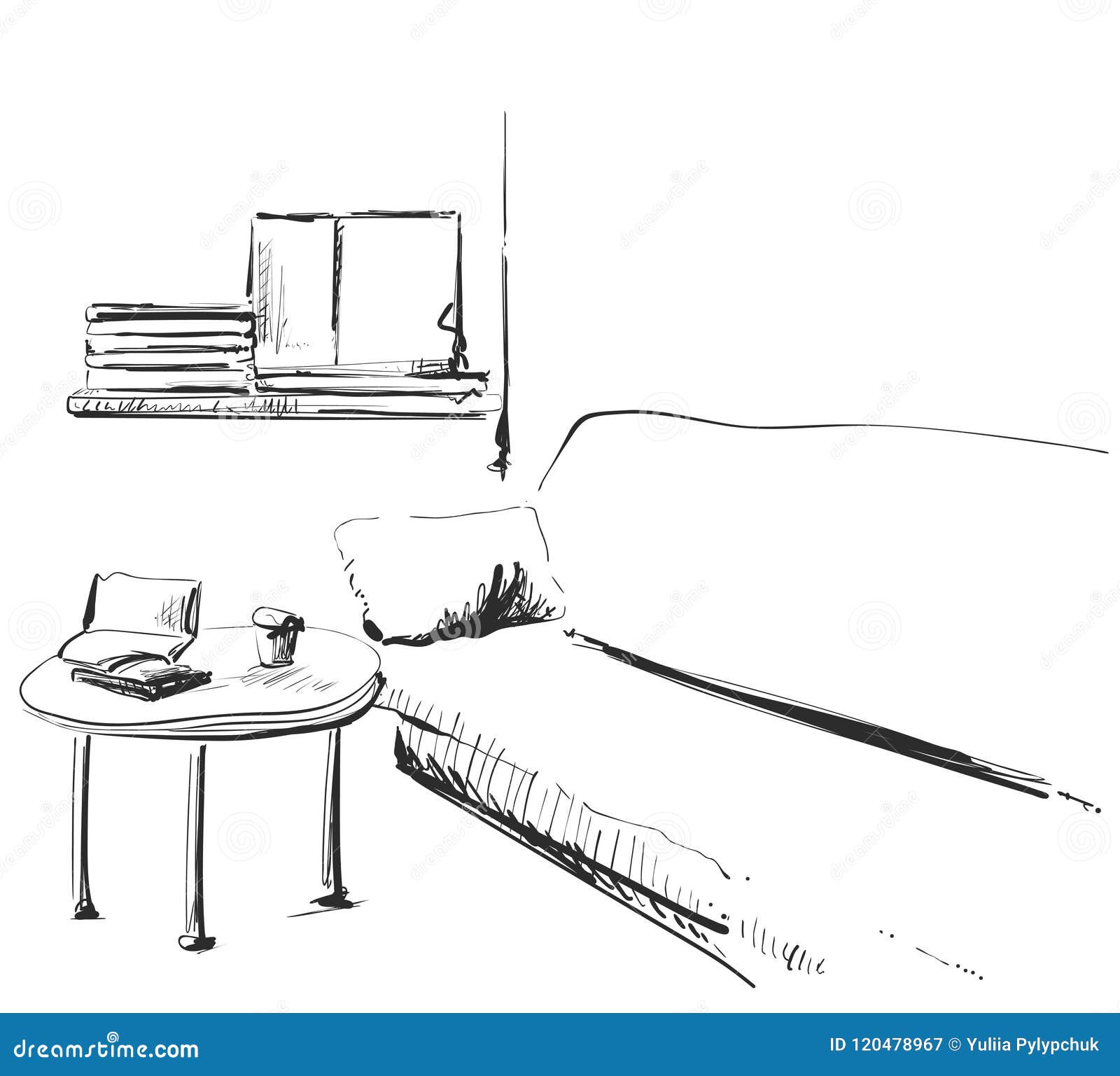 Modern Interior Room Sketch. Hand Drawn Sofa and Table Stock Vector ...