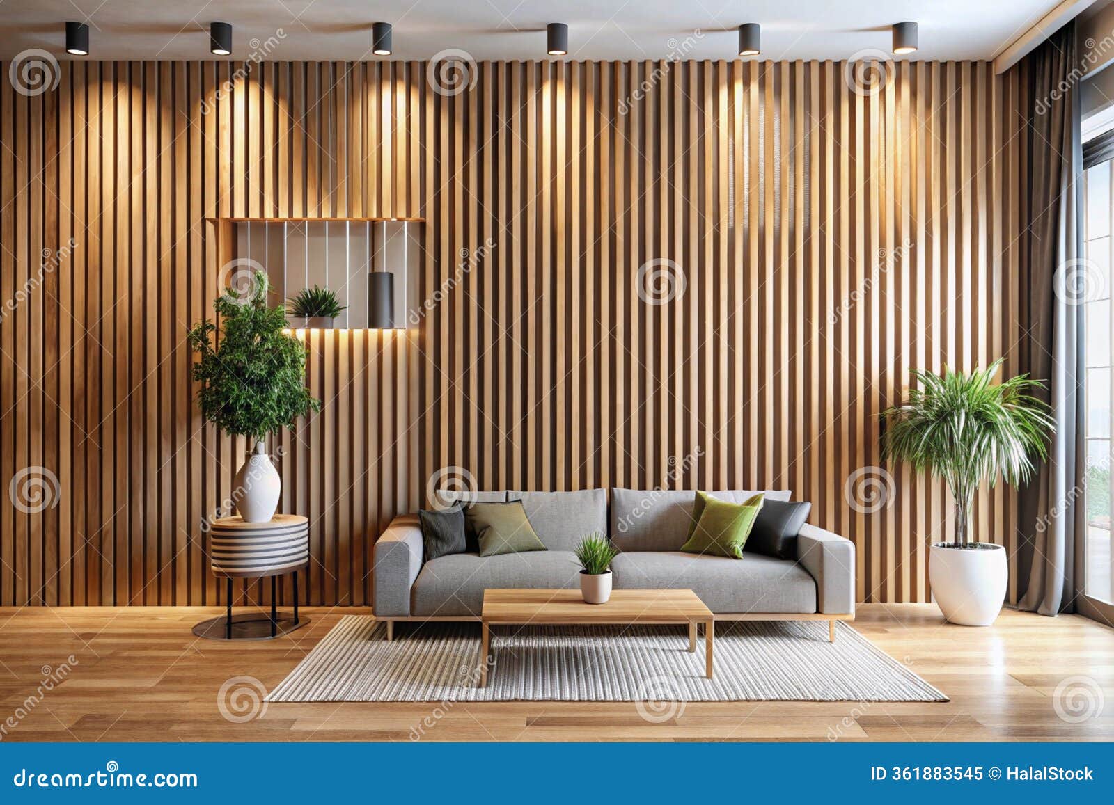 Modern Interior with Solid Wooden Battens Wall Decoration Stock ...