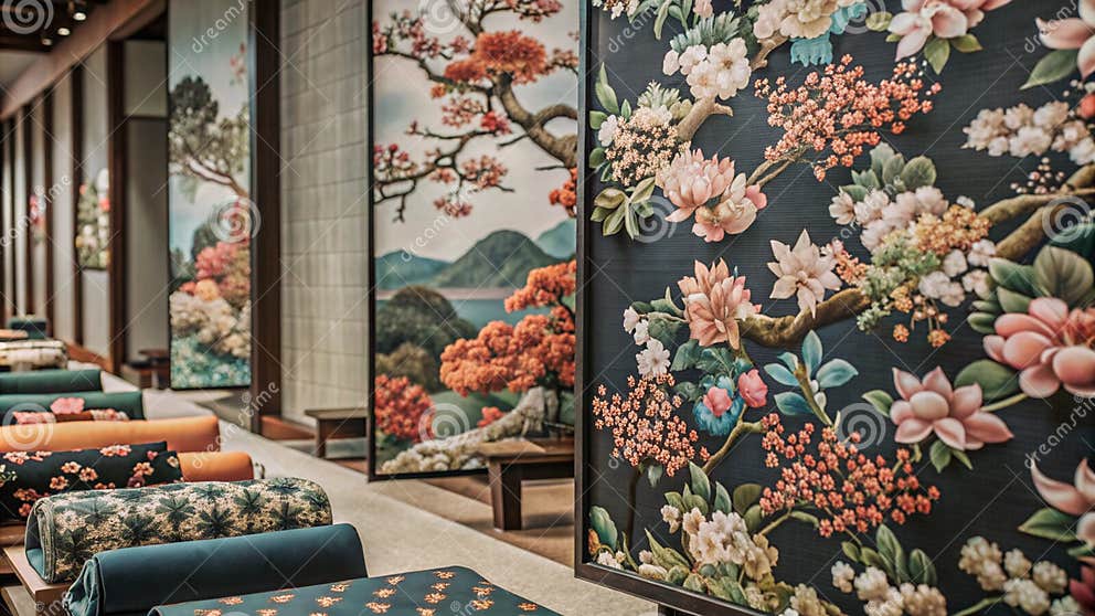 A Modern Interior Space with Floral Patterned Screens and Fabric ...