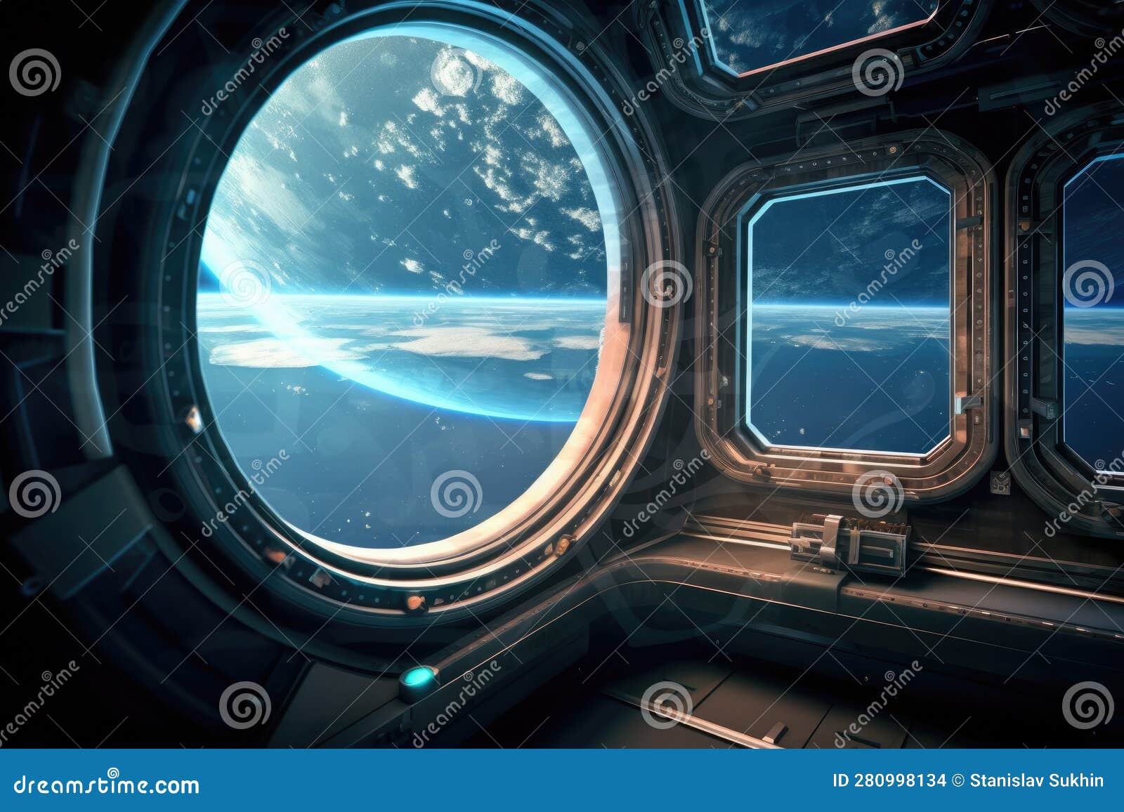Modern Interior of a Spaceship with a View of the System of Space ...