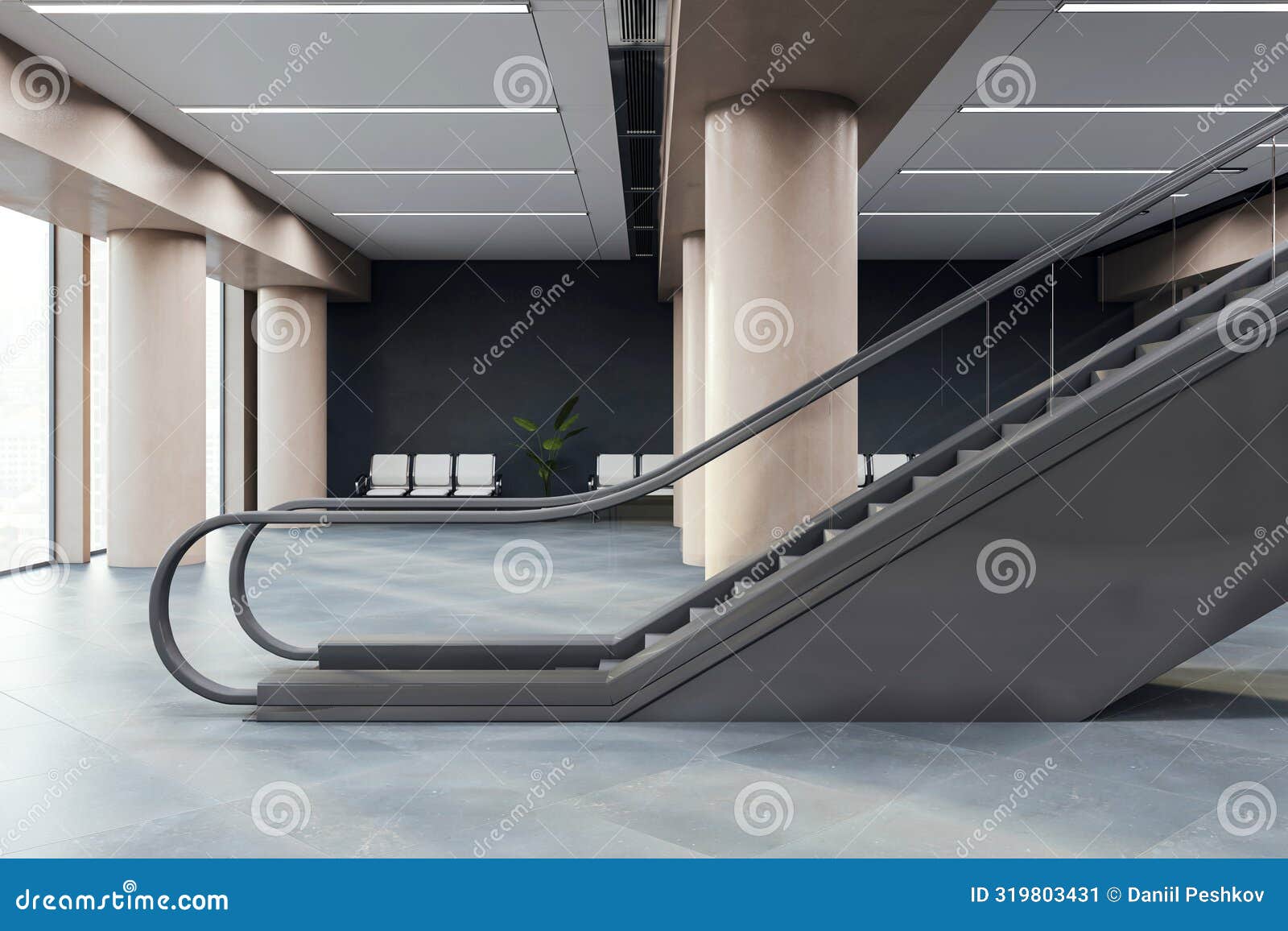 A Modern Interior with a Staircase, Seating Area and Large Windows, on ...