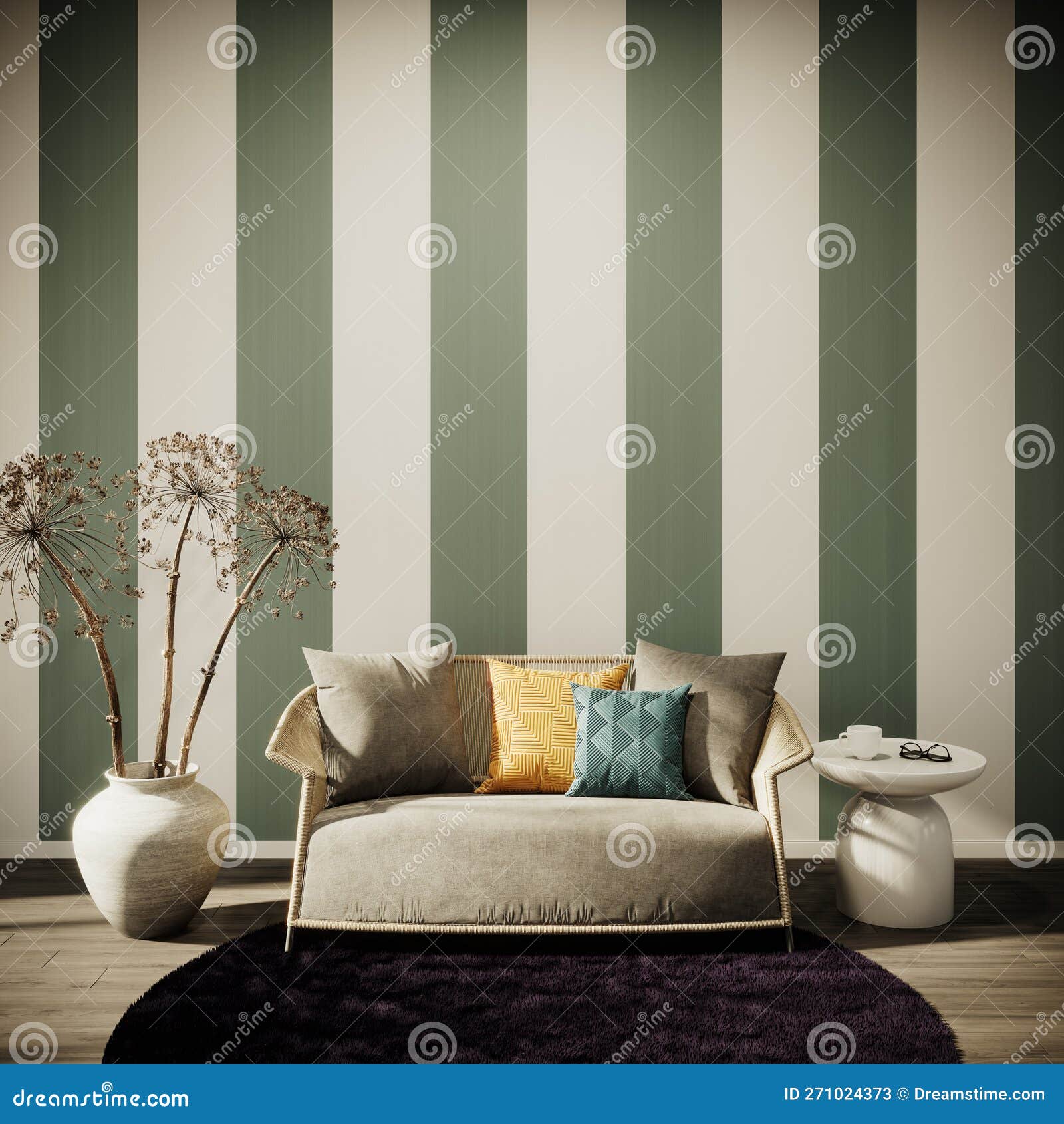 Modern Interior with Striped Wallpaper Wall Background. Stock ...