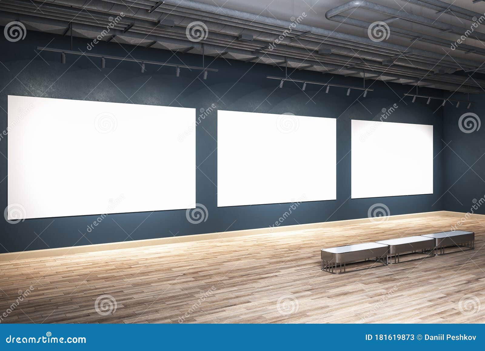 Modern Interior with Three Blank Banners Stock Illustration ...