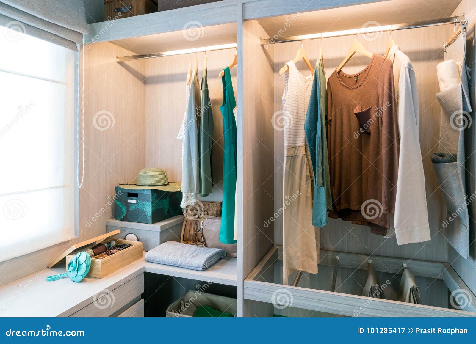 Modern Interior Wardrobe with Shirt and Dress in Shelf. Stock Image ...