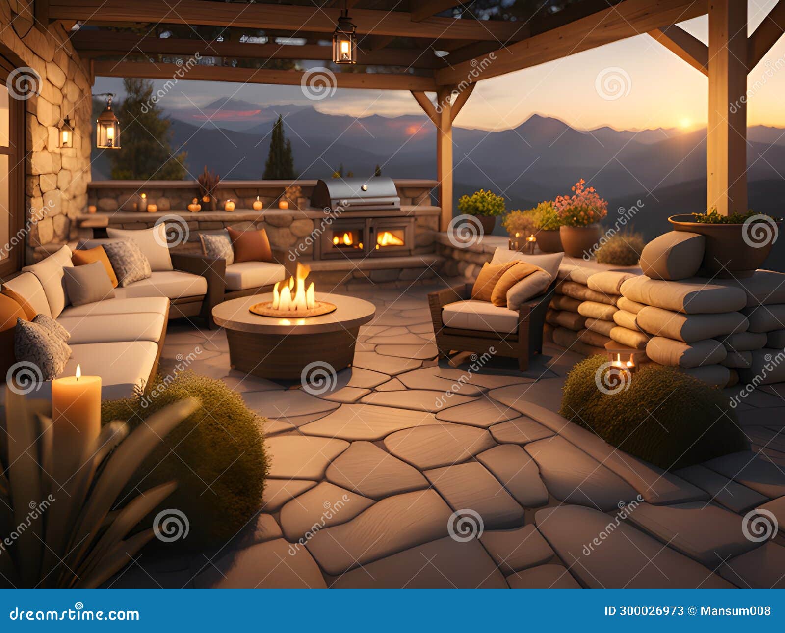 Modern Interior with Wooden Terrace and Sunset View 3d Illustration ...