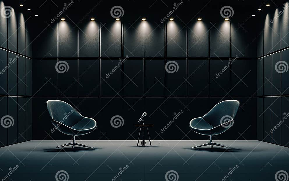 A Modern Interview Setting with Two Stylish Chairs and a Microphone in ...