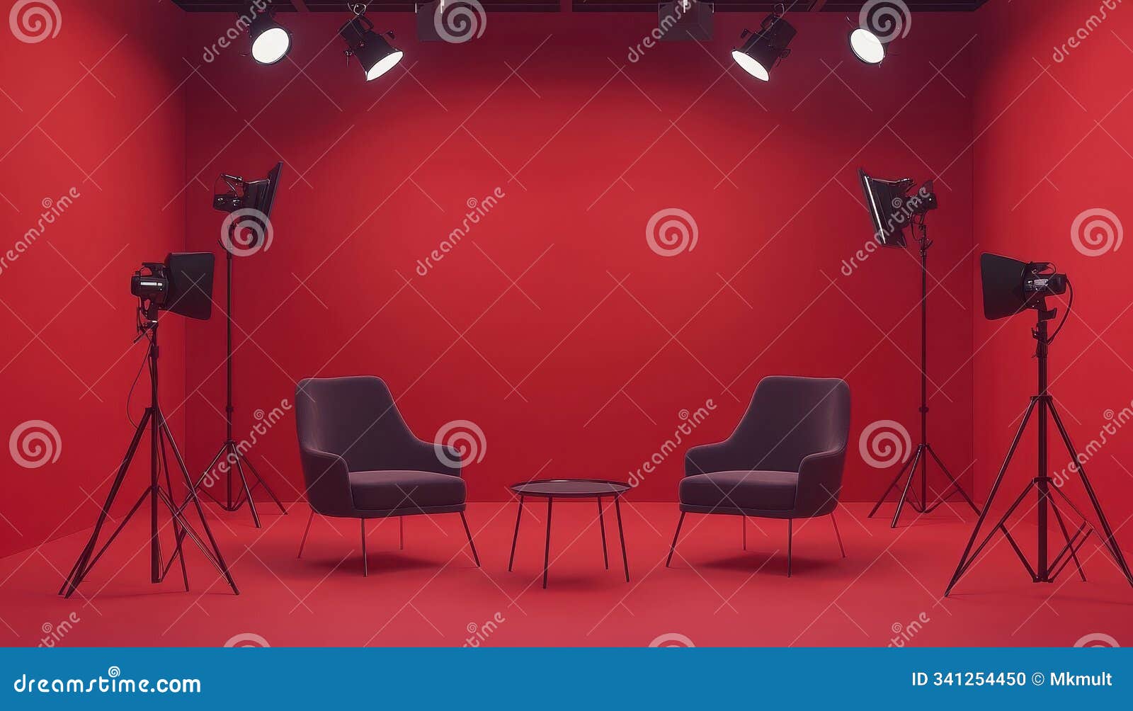 Modern Interview Setup with Two Chairs and Lighting in Red Studio ...
