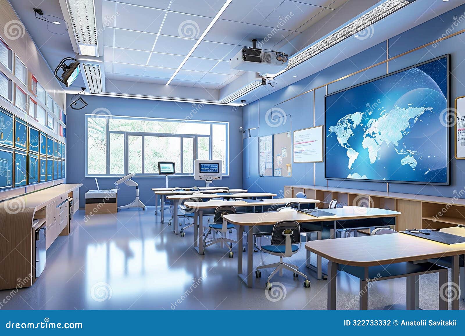 A Modern, Inviting Classroom Equipped with Interactive Panels and AI Assistants, Enhancing the ...