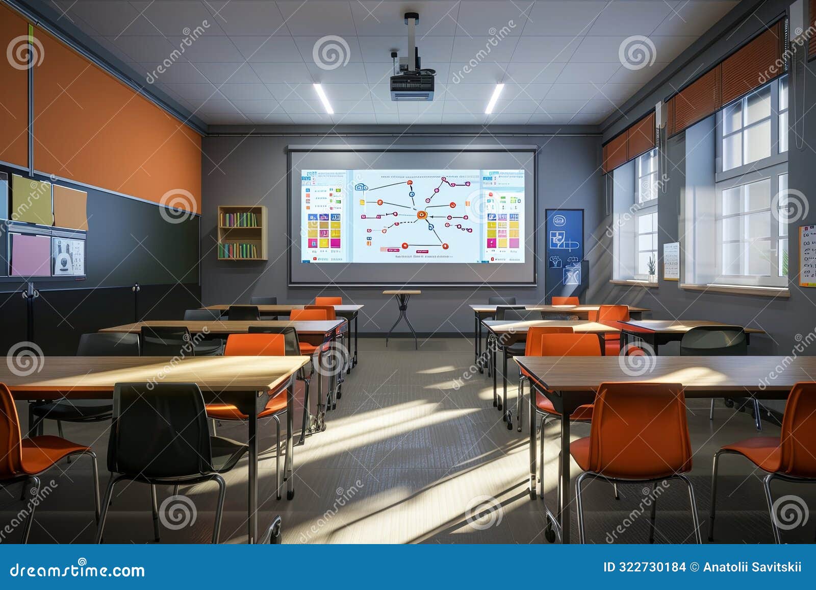 A Modern and Inviting Classroom Featuring Interactive Panels and AI Assistants, Enhancing the ...