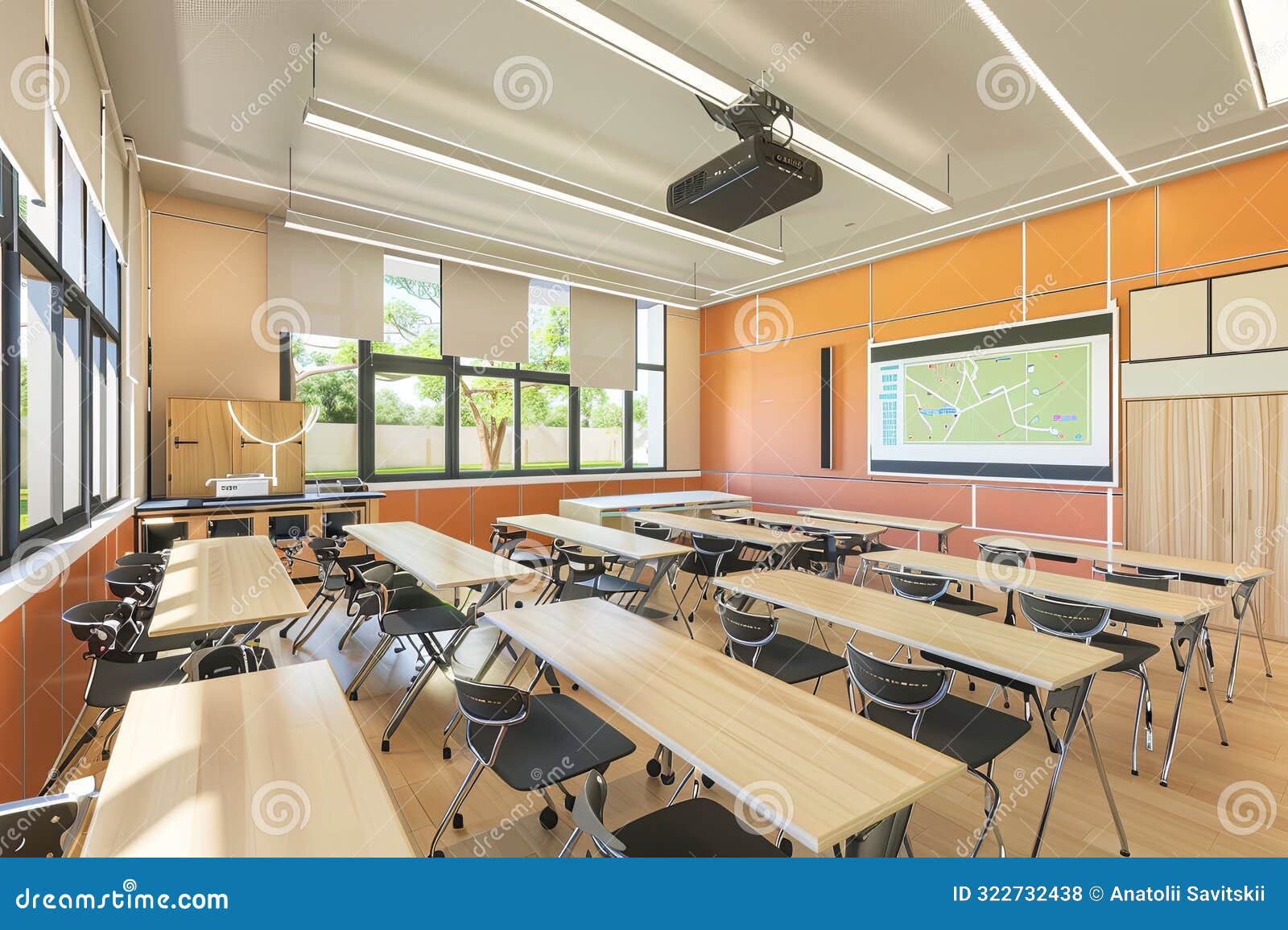 A Modern and Inviting Classroom with Interactive Panels and AI Assistants Designed To Enhance ...
