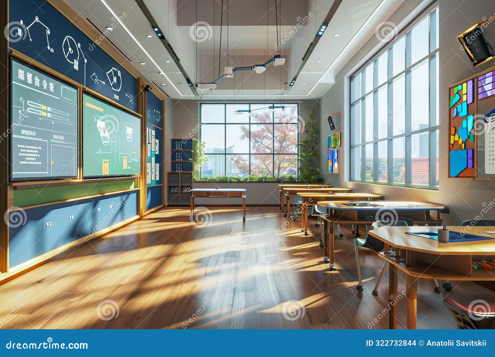 A Modern and Inviting Classroom with Interactive Panels, AI Assistants ...