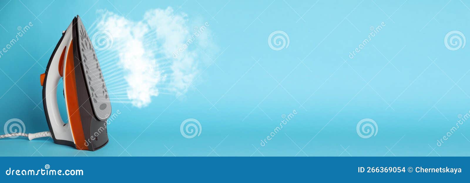Modern Iron with Steam on Light Blue Background, Space for Text. Banner ...