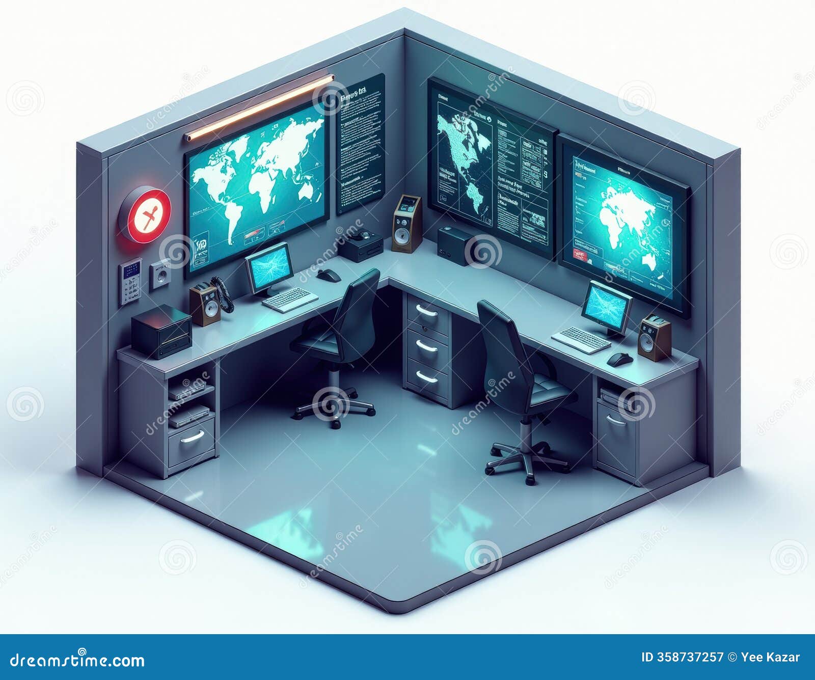 Modern Isometric Control Room with World Map Displays and Computer ...