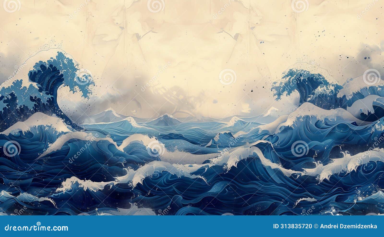 Modern Japanese Background with Wave Elements. Vintage Blue Line ...