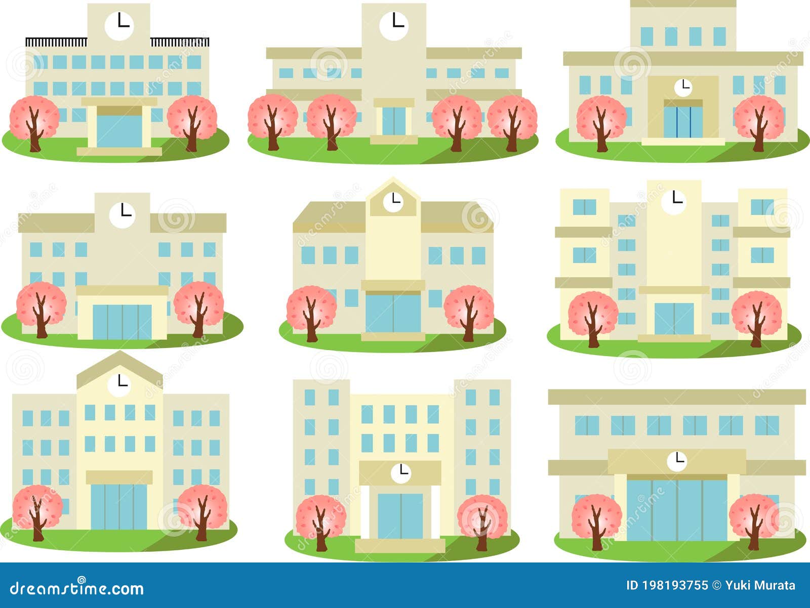 Modern Japanese Public School Building with Spring Cherry Tree Set ...