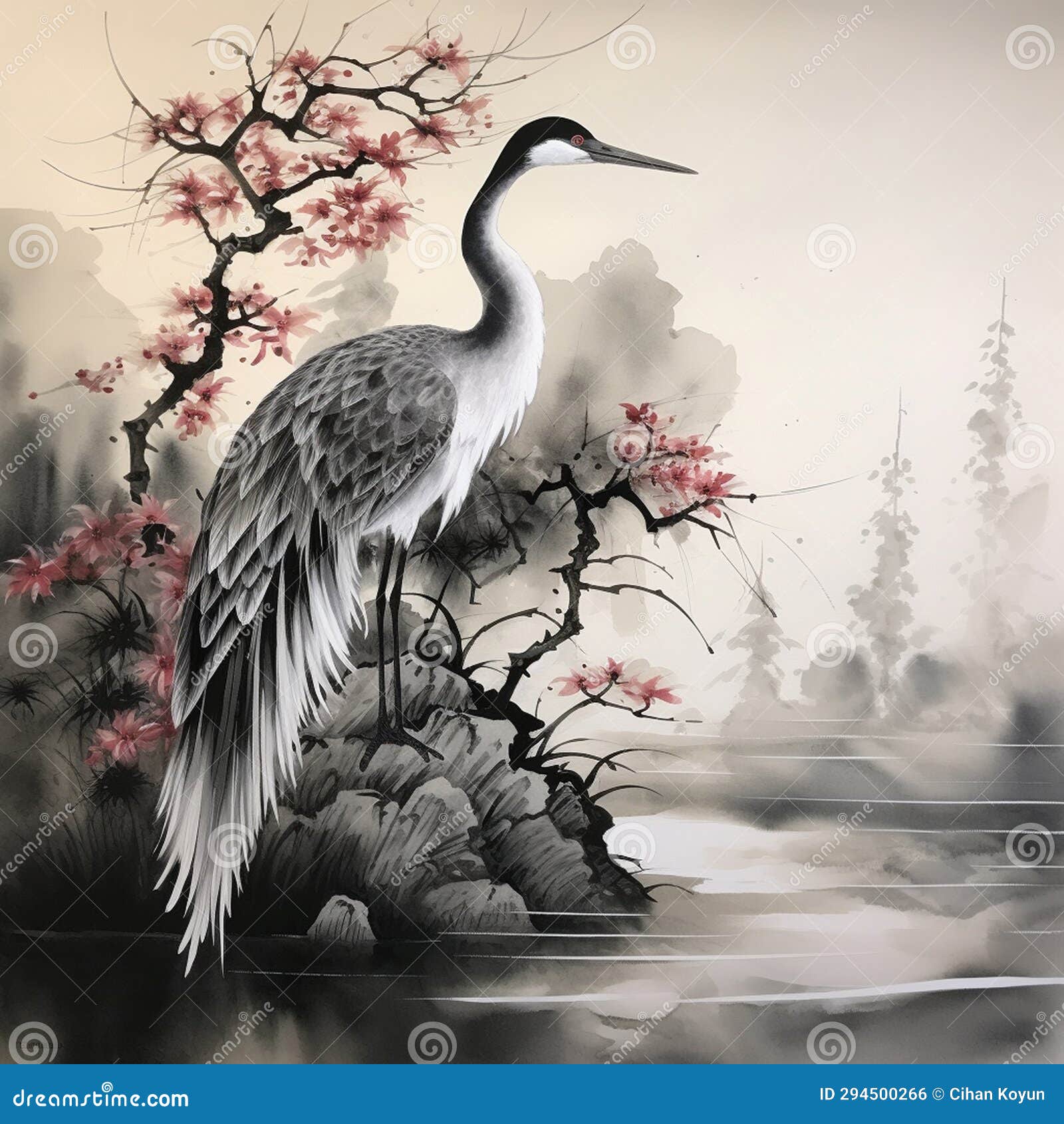 Modern Japanese Sumi-e Bird Painting Stock Illustration - Illustration ...
