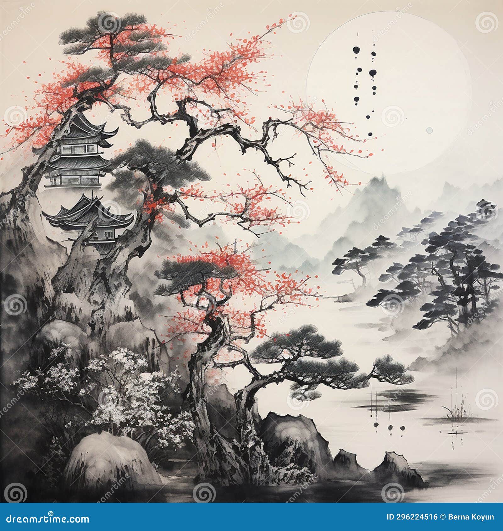 Modern Japanese Sumi-e Landscape Painting Stock Illustration ...