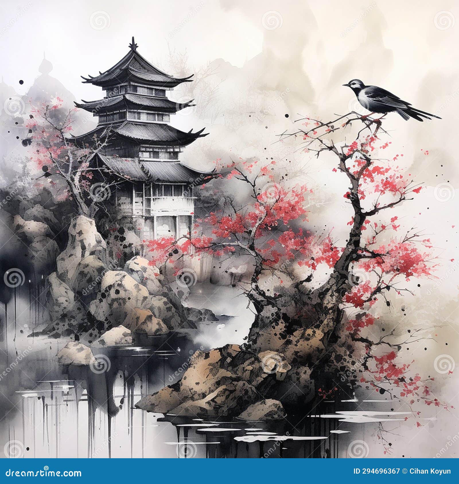 Modern Japanese Sumi-e Painting for Home Decor Stock Illustration ...