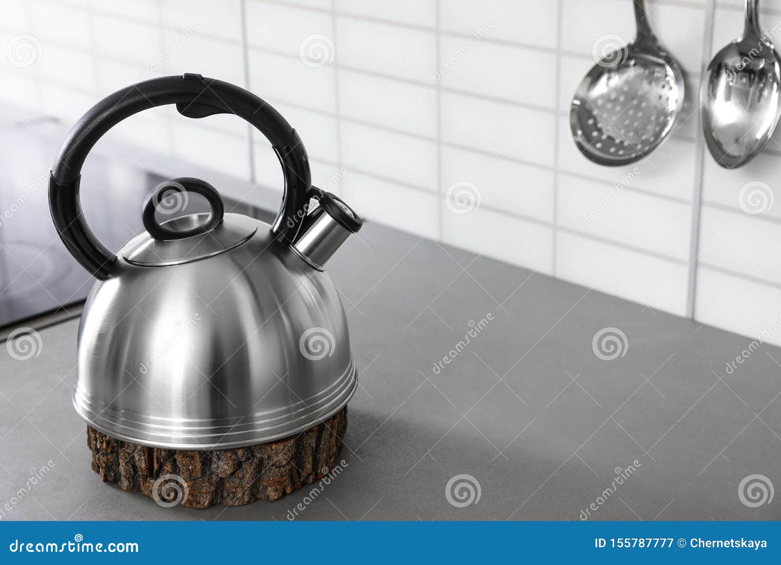 Modern Kettle on Kitchen Counter Indoors, Space for Stock Image - Image ...