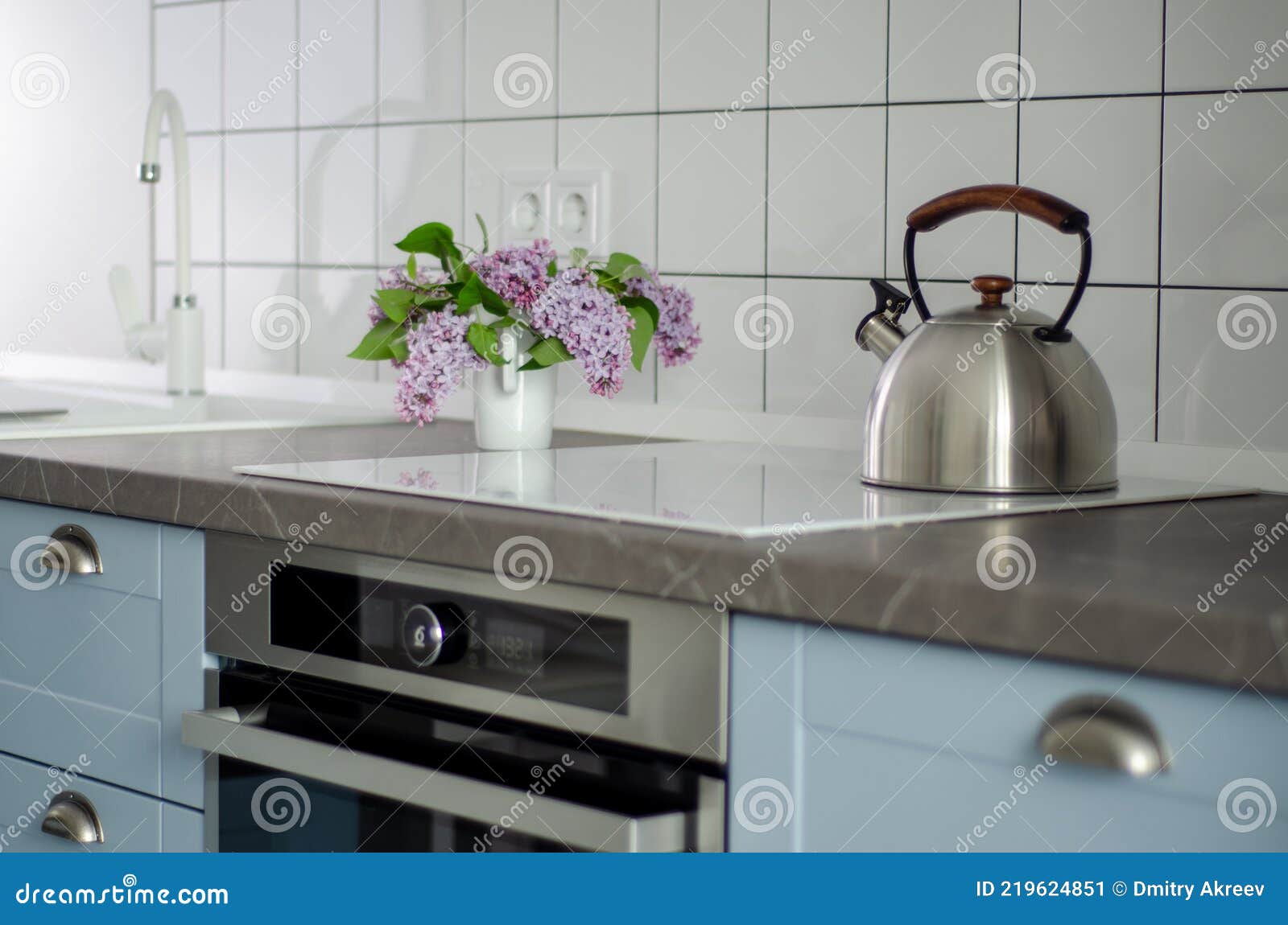 Modern Kettle with Whistle Kitchen with Induction Stove Stock Image ...